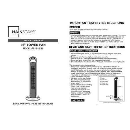 Mainstays 36" 3-Speed Oscillating Tower Fan, Model# FZ10-19JR, Black ...