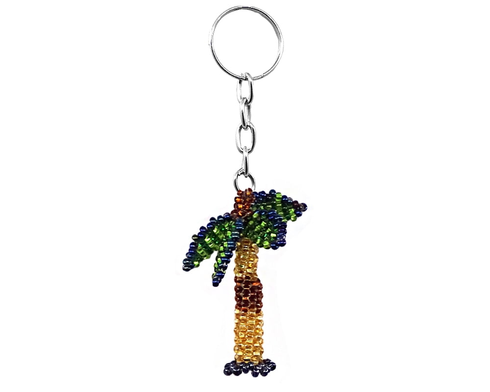 Palm Tree Plant Czech Glass Seed Bead 3D Figurine Keychain Metal Ring ...