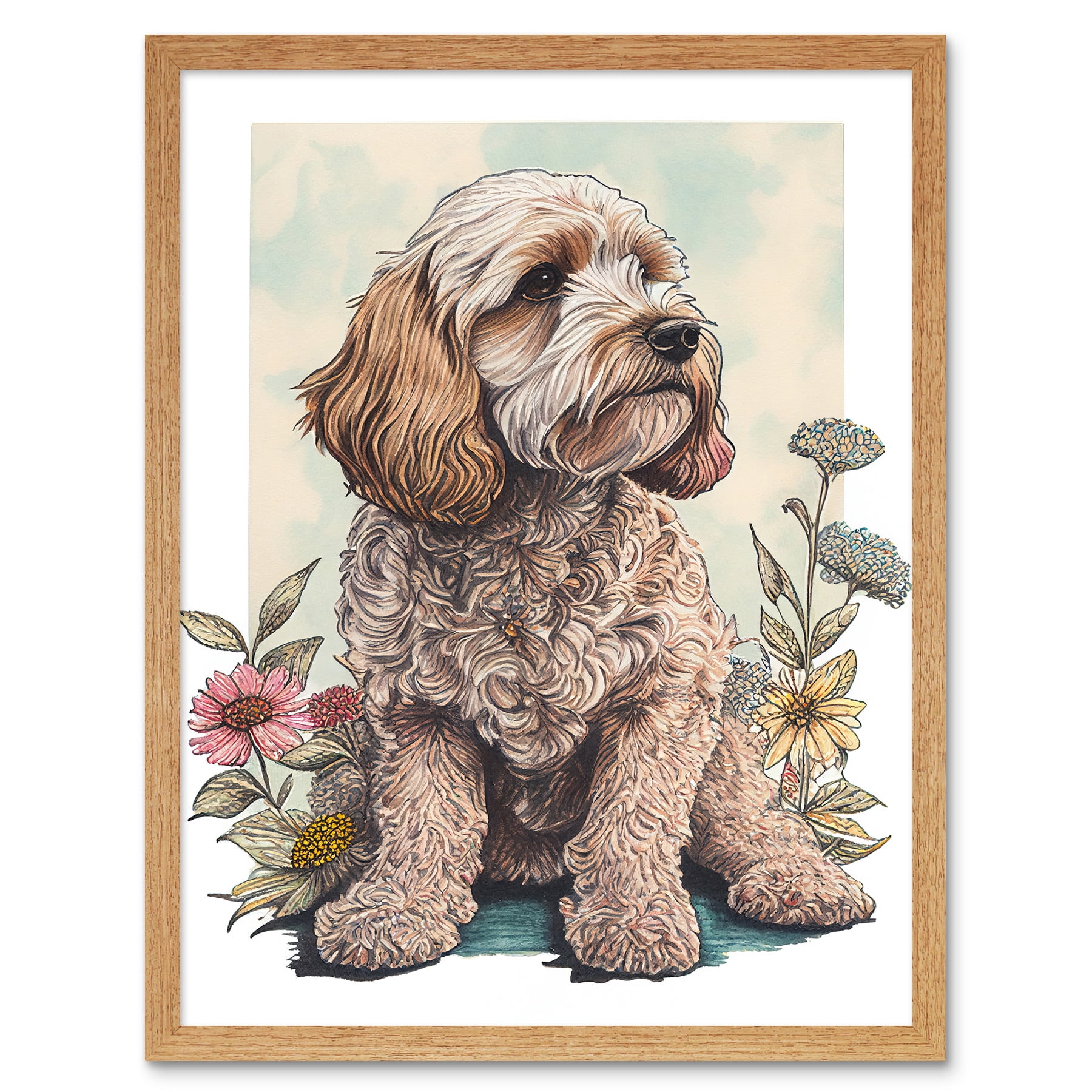 Cockapoo Dog with Spring Wildflowers Soft Watercolour Illustration Art ...