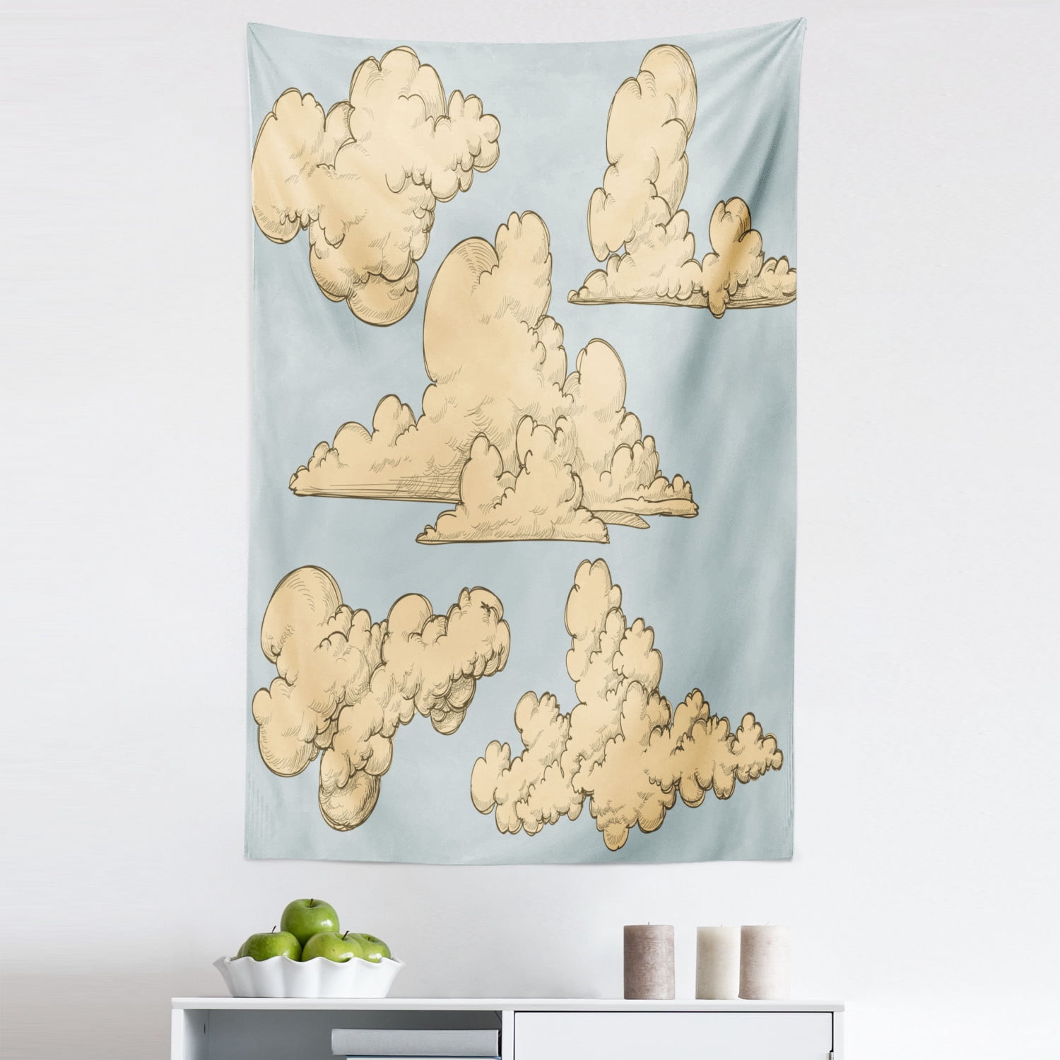 Cartoon Tapestry, Fluffy Formed Old-Fashioned Clouds in Air Funky ...