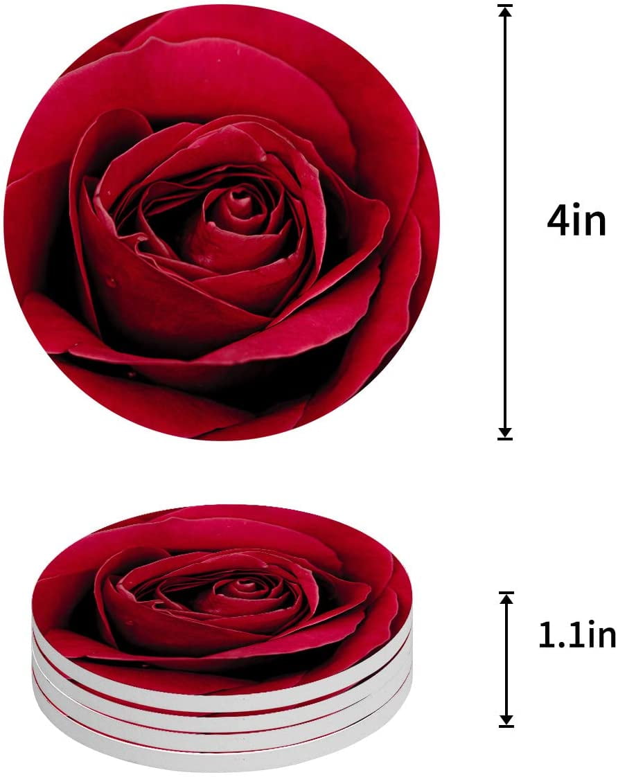 ZHANZZK Red Rose Set of 4 Round Coaster for Drinks, Absorbent Ceramic ...