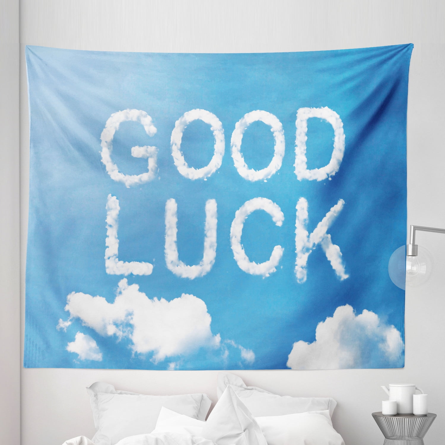 Party Tapestry, Luck Message on Sky with White Clouds Wishful Thinking ...
