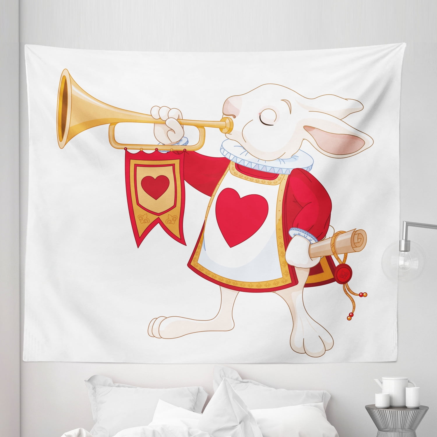 Cartoon Tapestry, Rabbit Playing Royal Trumpet with Heart Design Animal ...