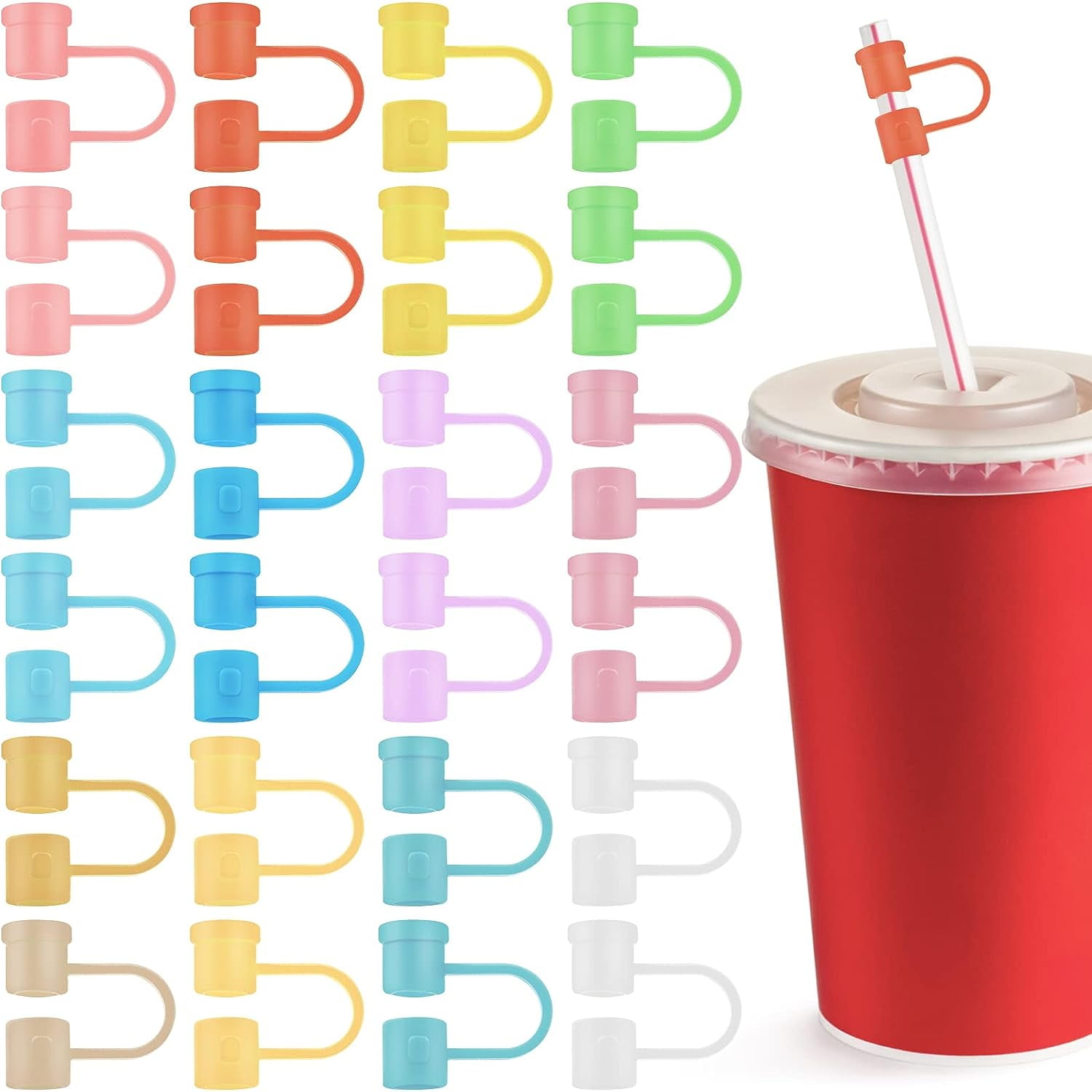 24 Pieces Silicone Straw Covers Cap, Reusable Drinking Straw Tips Lids ...