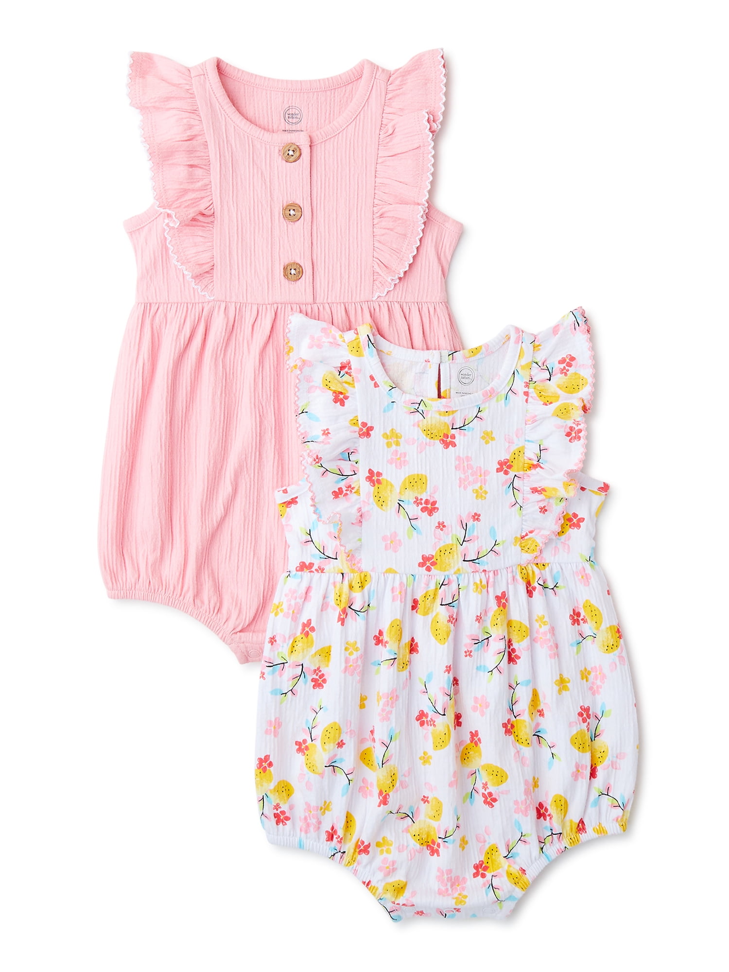 Wonder Nation Baby Girl Ruffle Rompers, 2-Pack, Sizes 0/3-24 Months ...