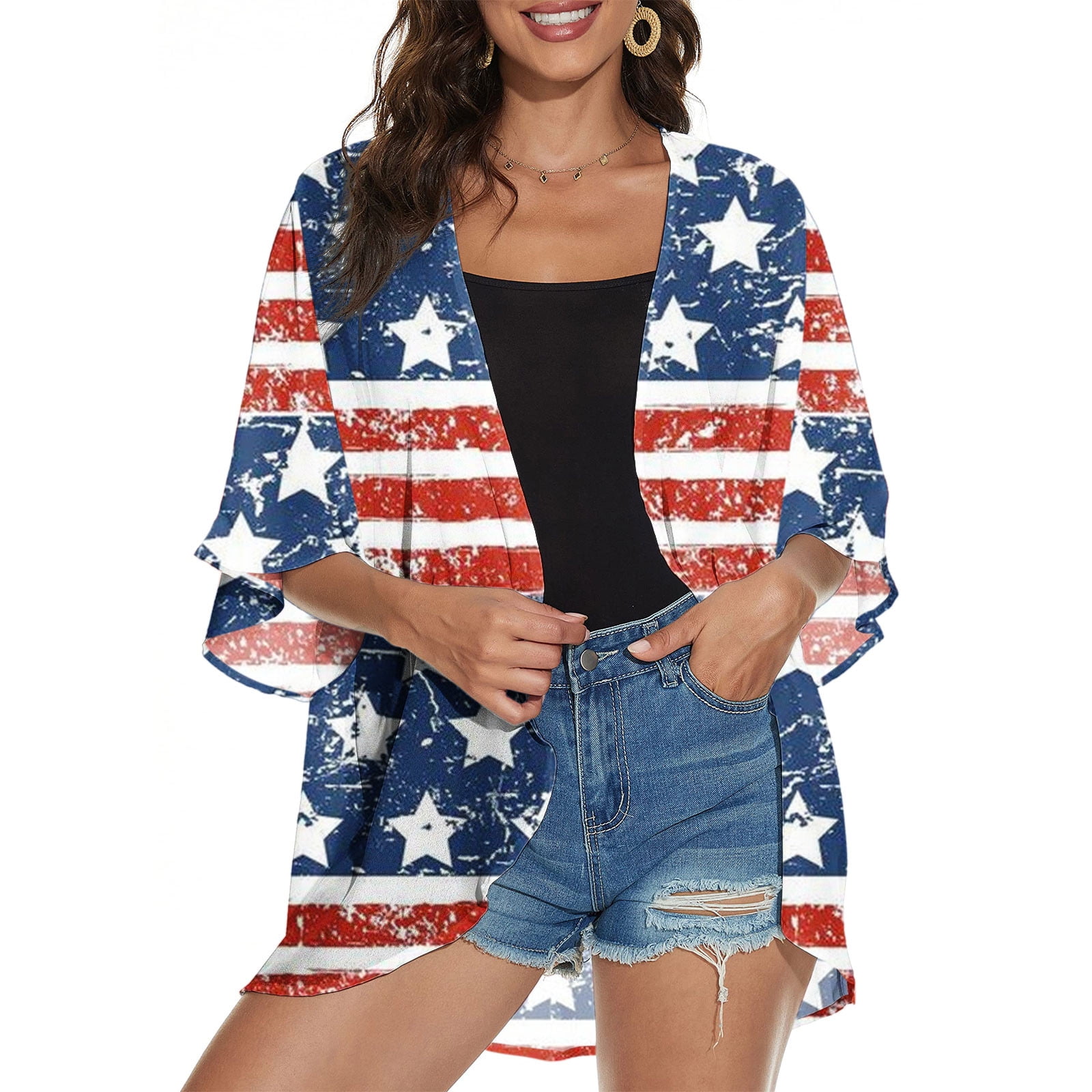 Dolkfu Fourth of July Coverup American Flag Print Puff Sleeve Kimono ...