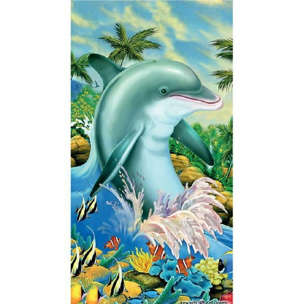 Smiling Dolphin Splashing on Wave 30x60 Cotton Velour Beach Towel ...