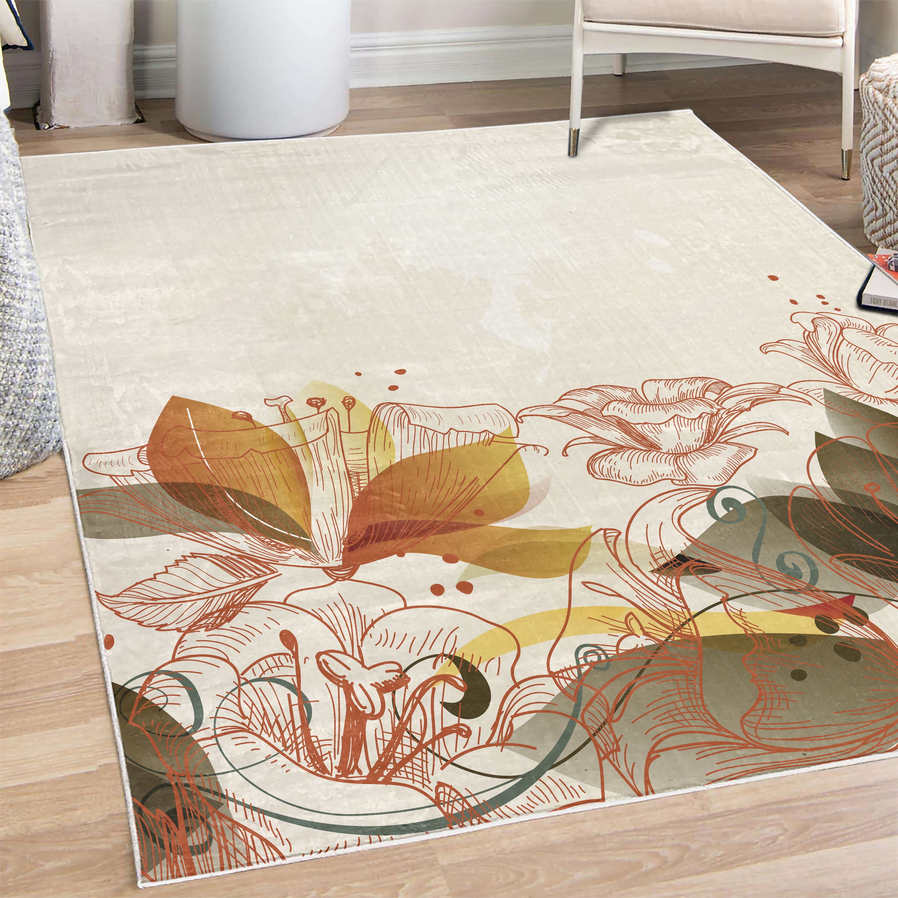 Flower Decorative Rug, Retro Floral Background Hibiscus Silhouettes ...