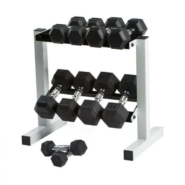CAP 150 Lb. Coated Hex Dumbbell Weight Set, 5-25 Lb. with White Rack ...