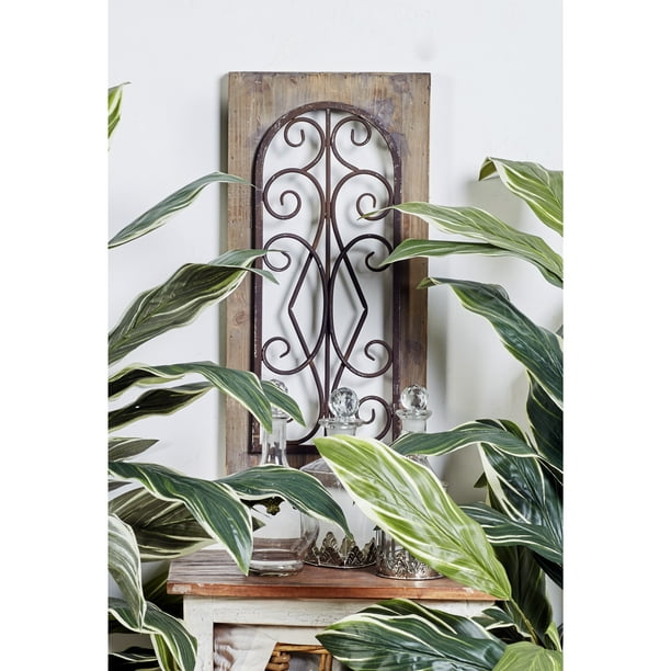 DecMode Brown Wood Window Inspired Scroll Wall Decor with Metal ...