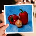 3drose, Two Red Bell Peppers and an Onion, Textured Blue Background, 12 ...