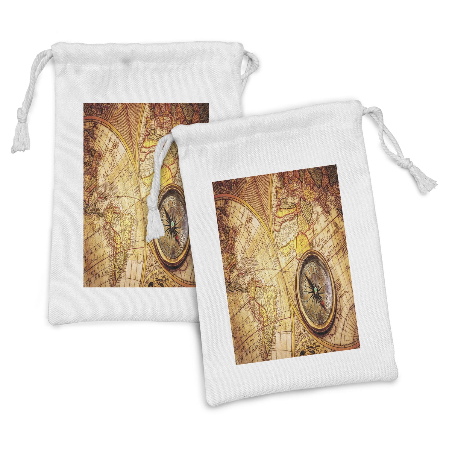 Antique Fabric Pouch Set of 2, Compass on an World Map Historic Borders ...