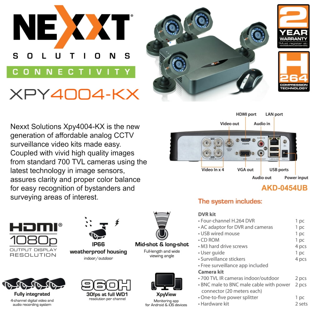 Nexxt Xpy4004-KX CCTV Kit standalone surveillance system 4CH w/ 4 Out ...