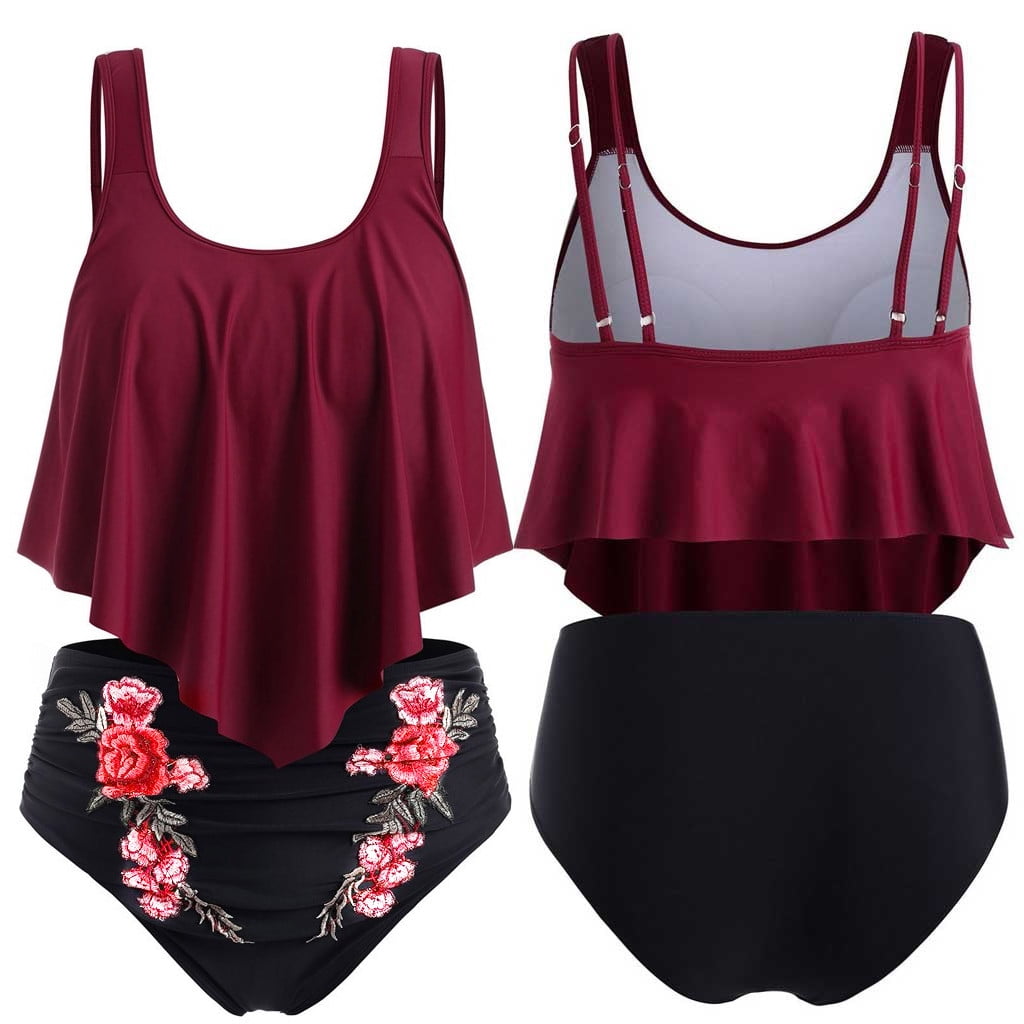Sehao Plus Size Swimsuit Women Push Up Padded Plus Size Overlay Print Bikini Swimsuit Nylon