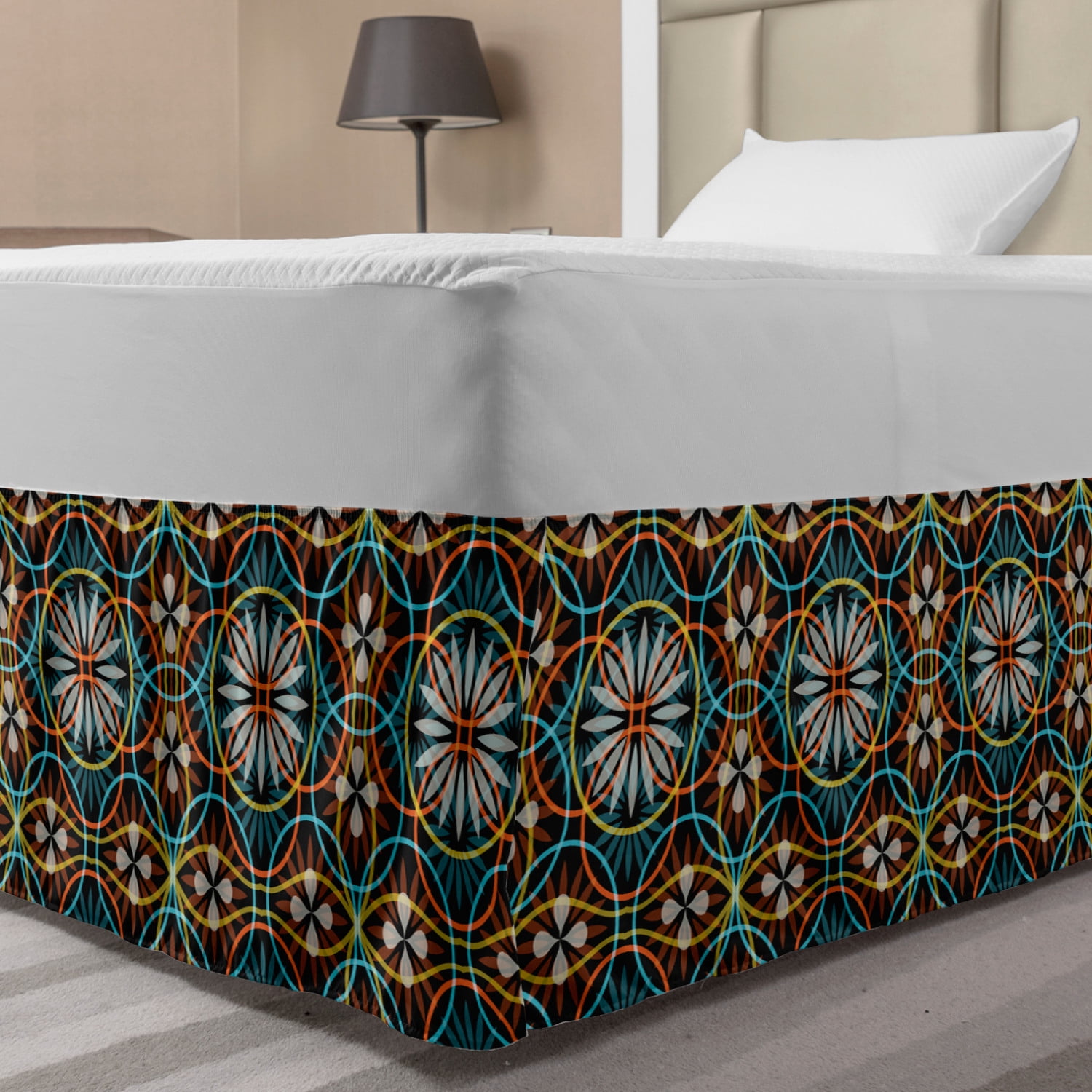 Floral Bed Skirt, Modern Overlapping Circle and Flora Pattern on Black ...