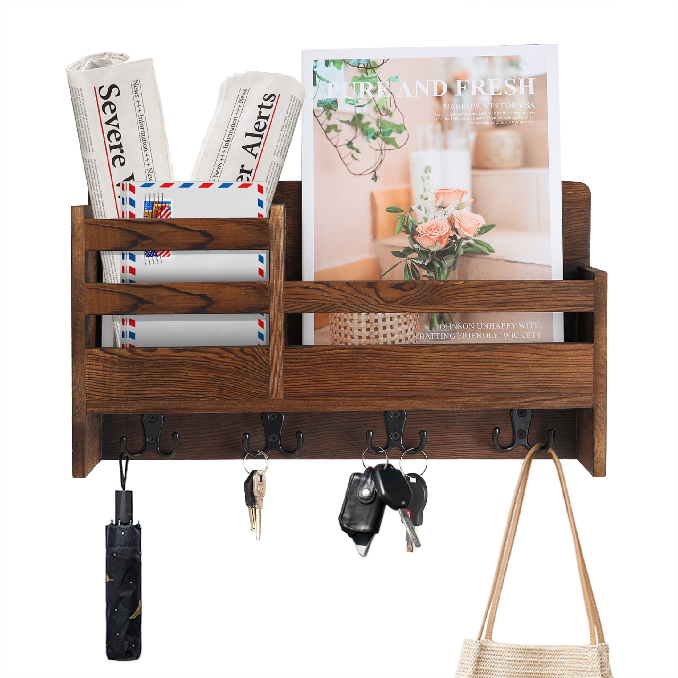 MASTLU Brown Pine Rustic Style Wall Mail Rack with 2 Shelves (16.14"x3 ...