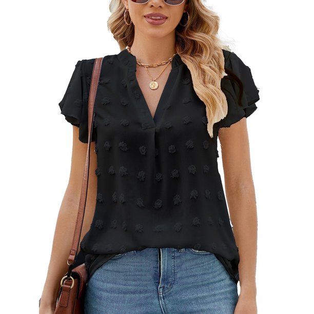 DAKIMOE Womens Tops Summer V Neck Ruffle Shirts Short Sleeve Swiss Dot ...