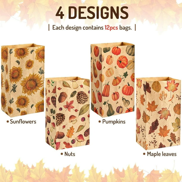 48Pcs Thanksgiving Fall Flat Treat Bags Kraft Paper Bags Pumpkins Maple ...