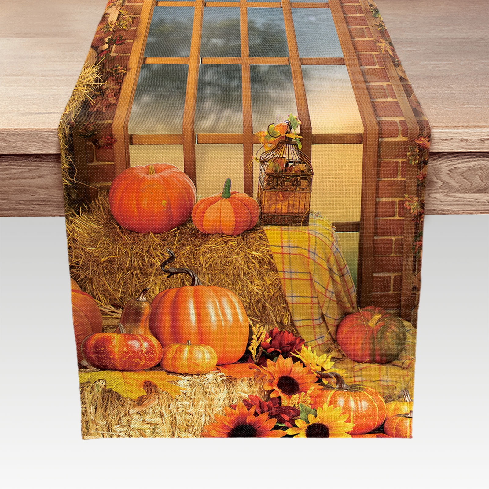 Fall Pumpkin Table Runner, Thanksgiving Harvest Straw Autumn Maple Leaf ...