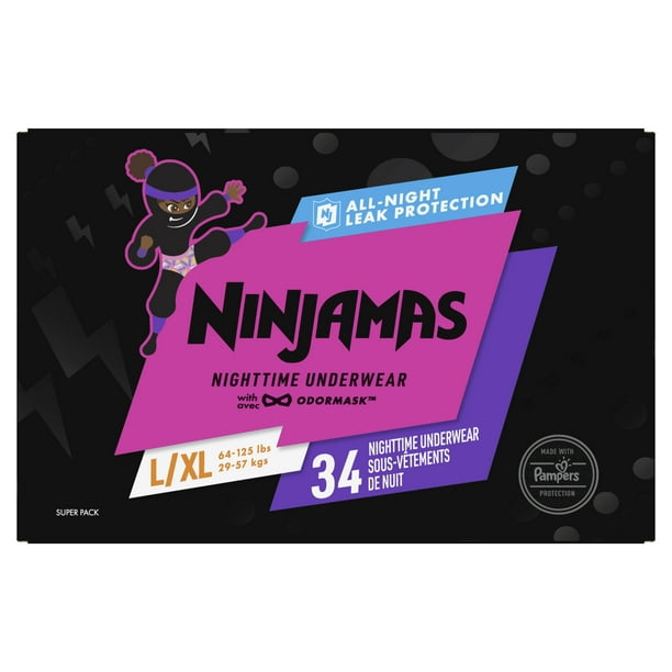 Ninjamas Nighttime Bedwetting Underwear Girl Size L/XL 34 Count ...