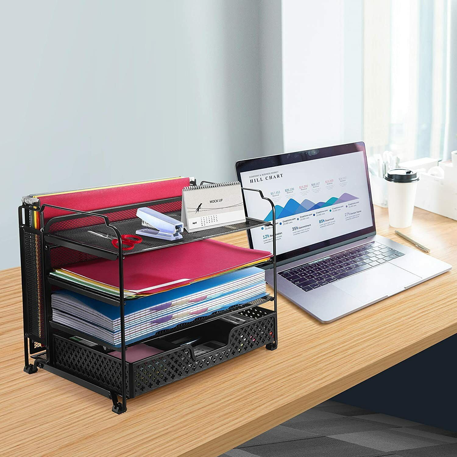 4 Trays Mesh Office Supplies Desk Organizer Desktop File Sort Holder ...