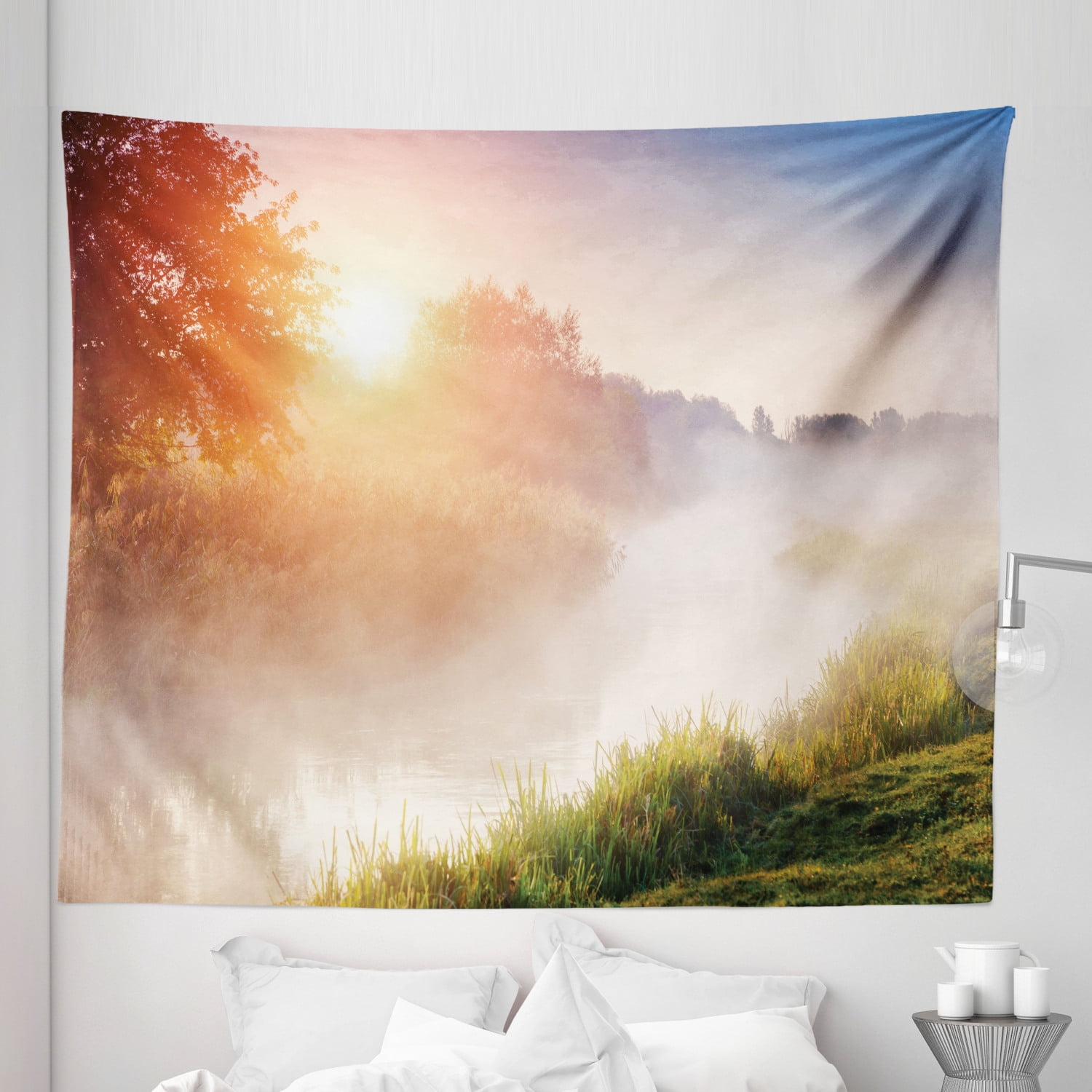 Nature Tapestry, Beaming Sun Rays Through Foggy Mountainside with Grass ...