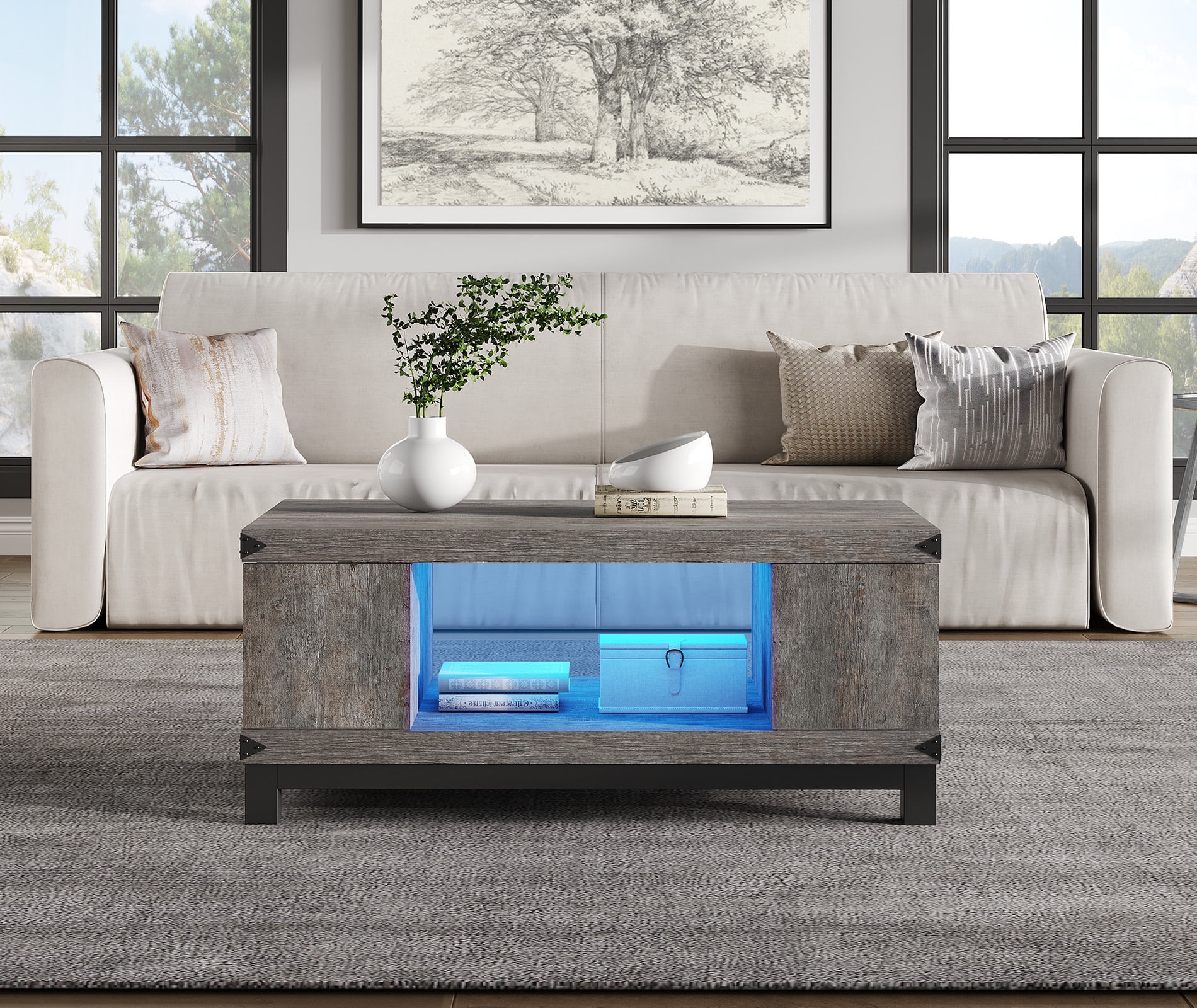 Wood LED Coffee Table for Living Room, Rustic Gray - Walmart.com