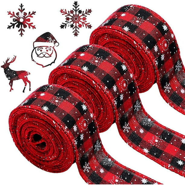 3 Rolls Of Checkered Red And Black Burlap Christmas Ribbon For Gifts ...