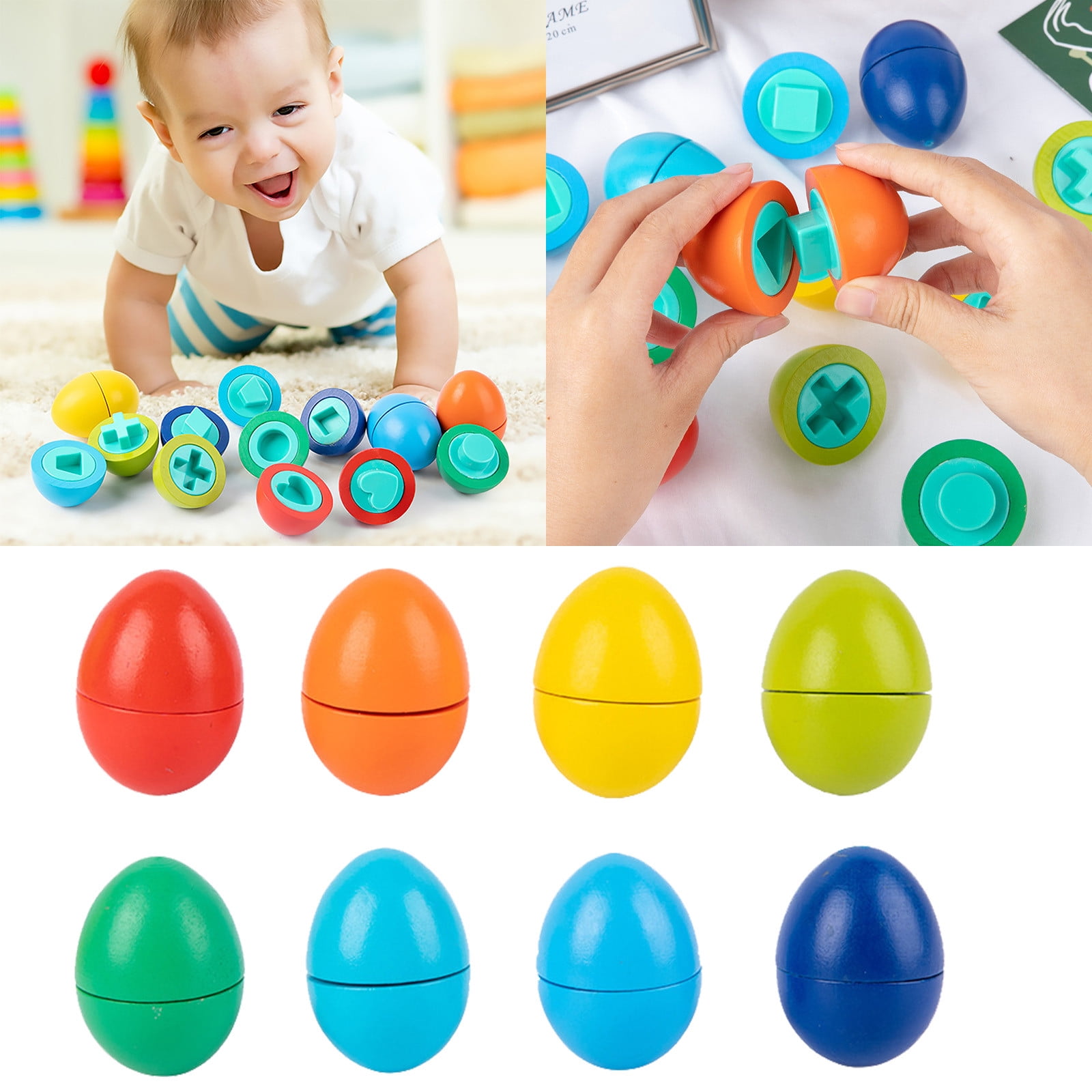 8pcs Wooden Matching Egg Educational Color Shape Pairing Shapes And ...