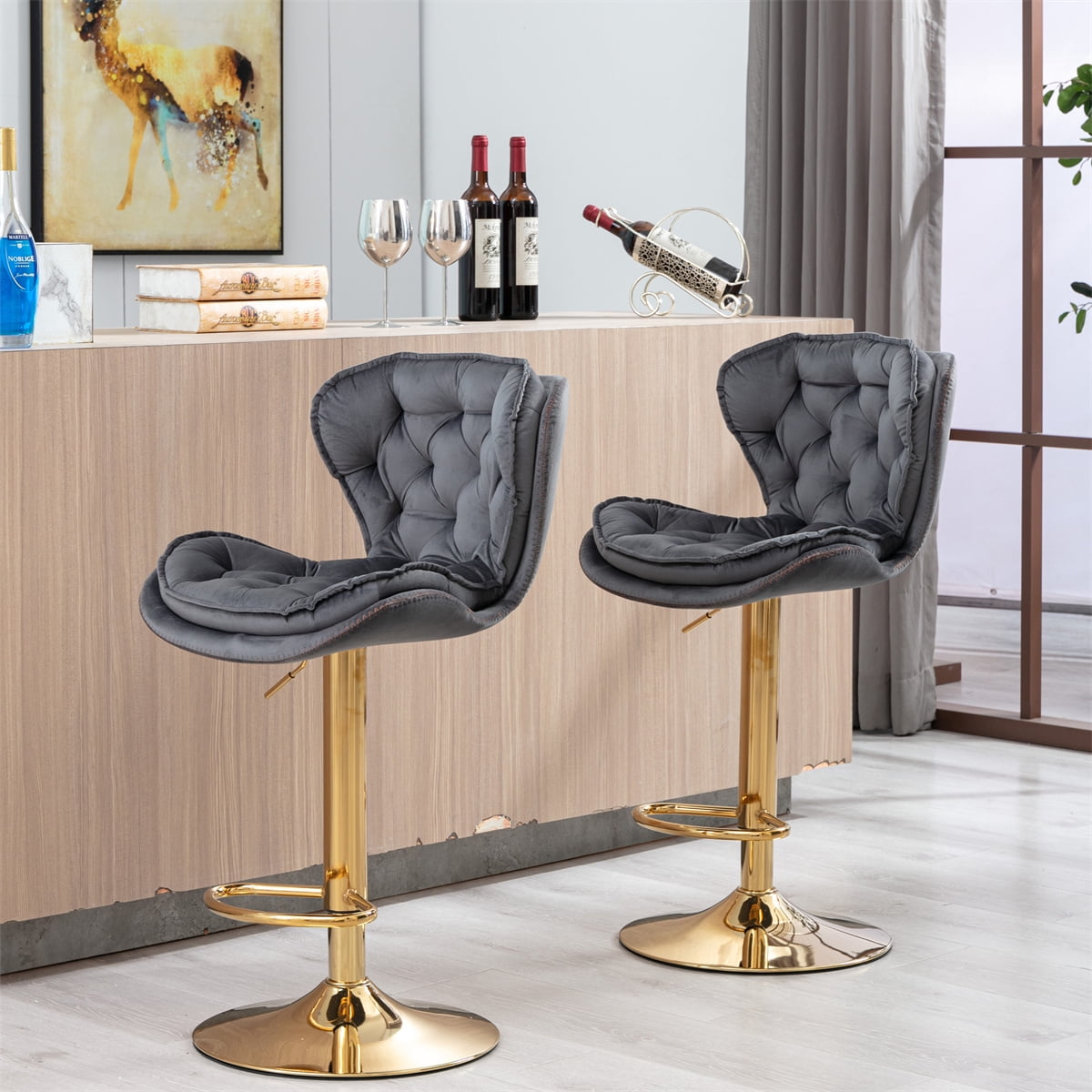 Bar Stools Set of 2, Modern 2 Velvet Upholstered Height Adjustable Stool Chair with Chrome ...