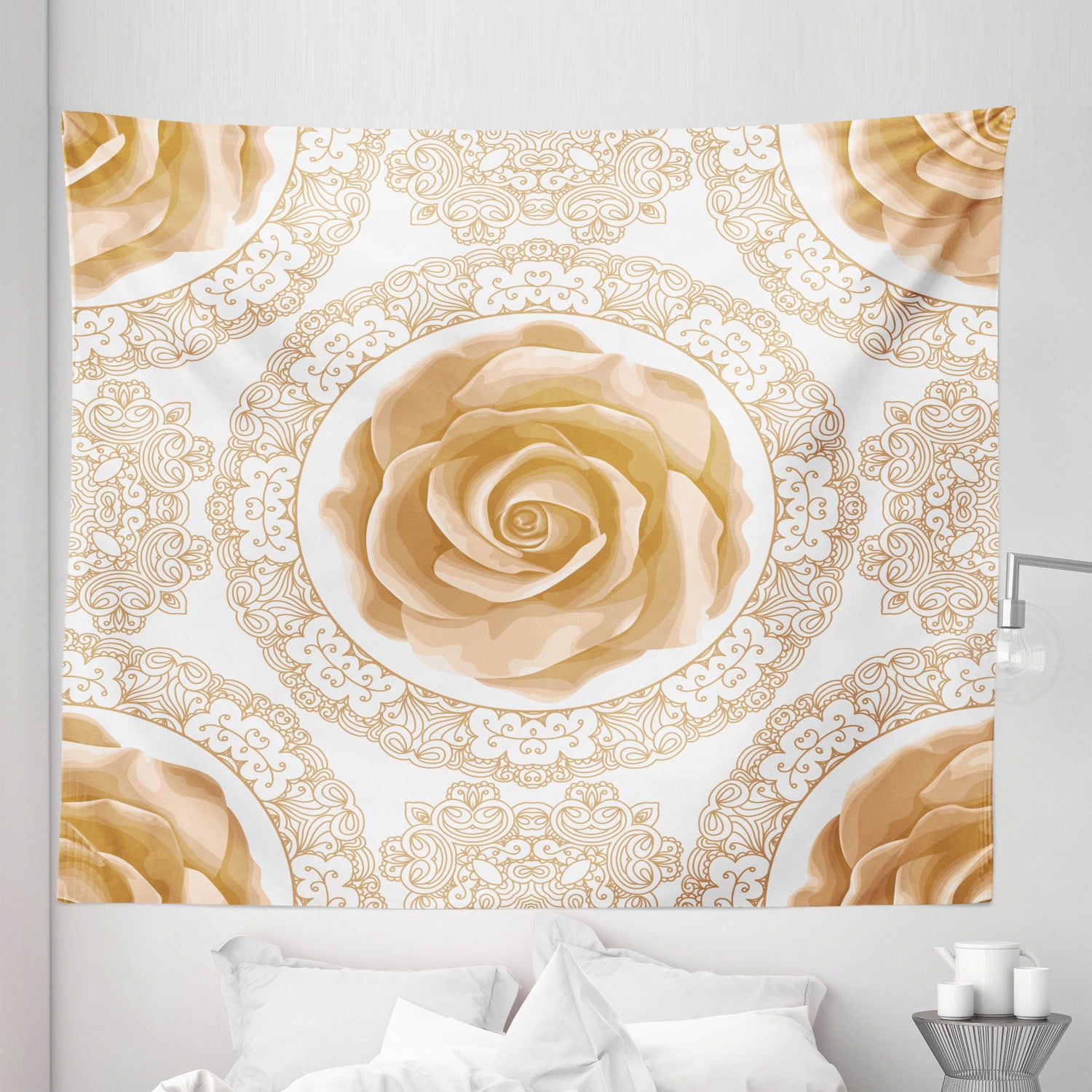 Floral Tapestry, Rose Florets with Classic Graphic Lace Feminine Retro ...