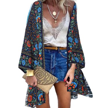 LilyLLL Plus Size Womens Boho Floral Cover Up Blouse Kimono Open Front ...