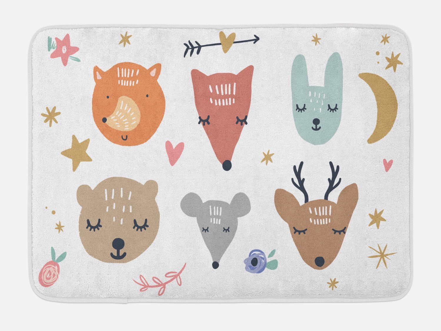 Cartoon Bath Mat, Colorful Animal Scandinavian Style Drawing Bear Deer ...