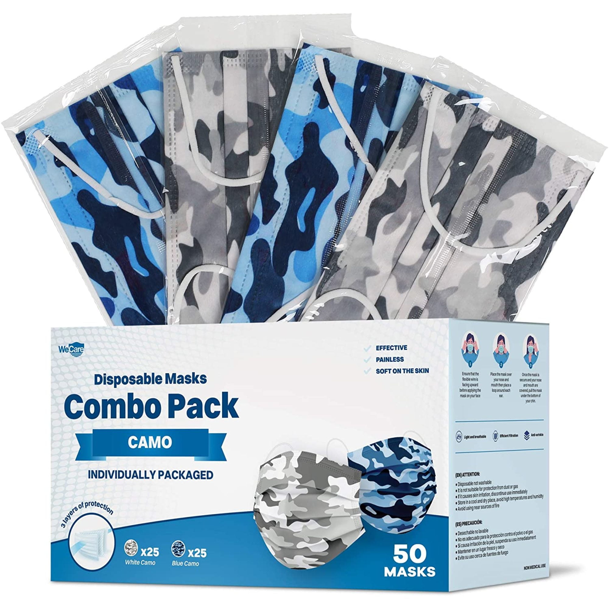 Disposable Face Masks 3-Ply Individually Wrapped , 50ct - Combo Pack ...