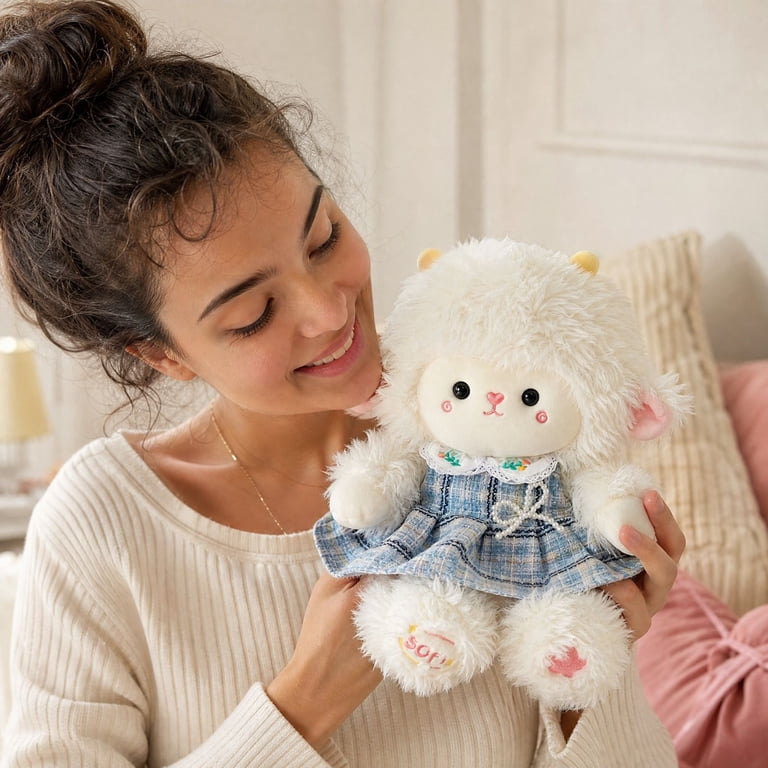 Plaid Shawl Sheep Plush Doll, Curly Lamb Stuffed Toy With Standing Pose ...