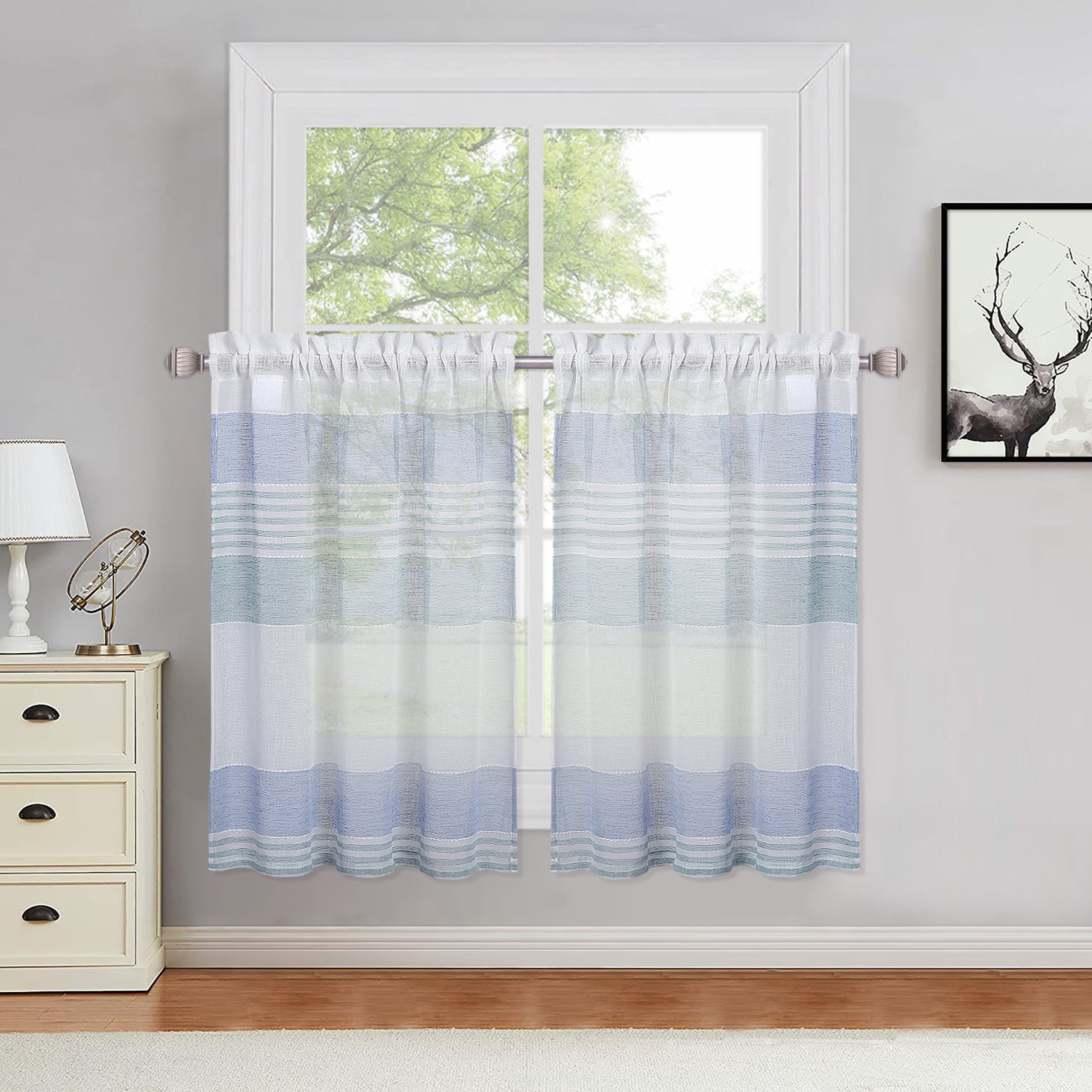 Shininglove Sheer Kitchen Window Curtains, Splicing Striped Design ...