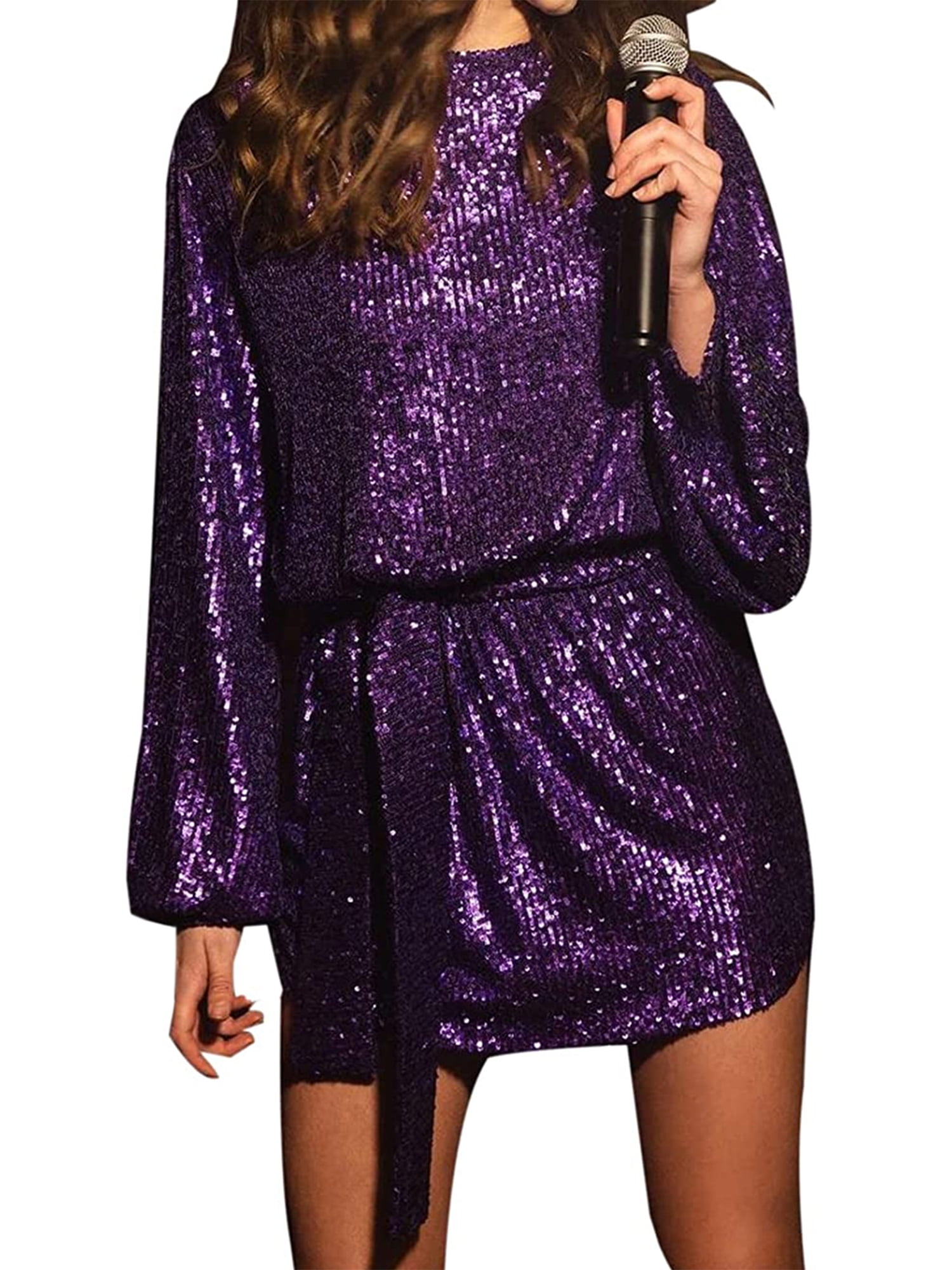 Sunisery Women's Sequin Party Dress Sparkle Long Sleeve Crew Neck Short ...