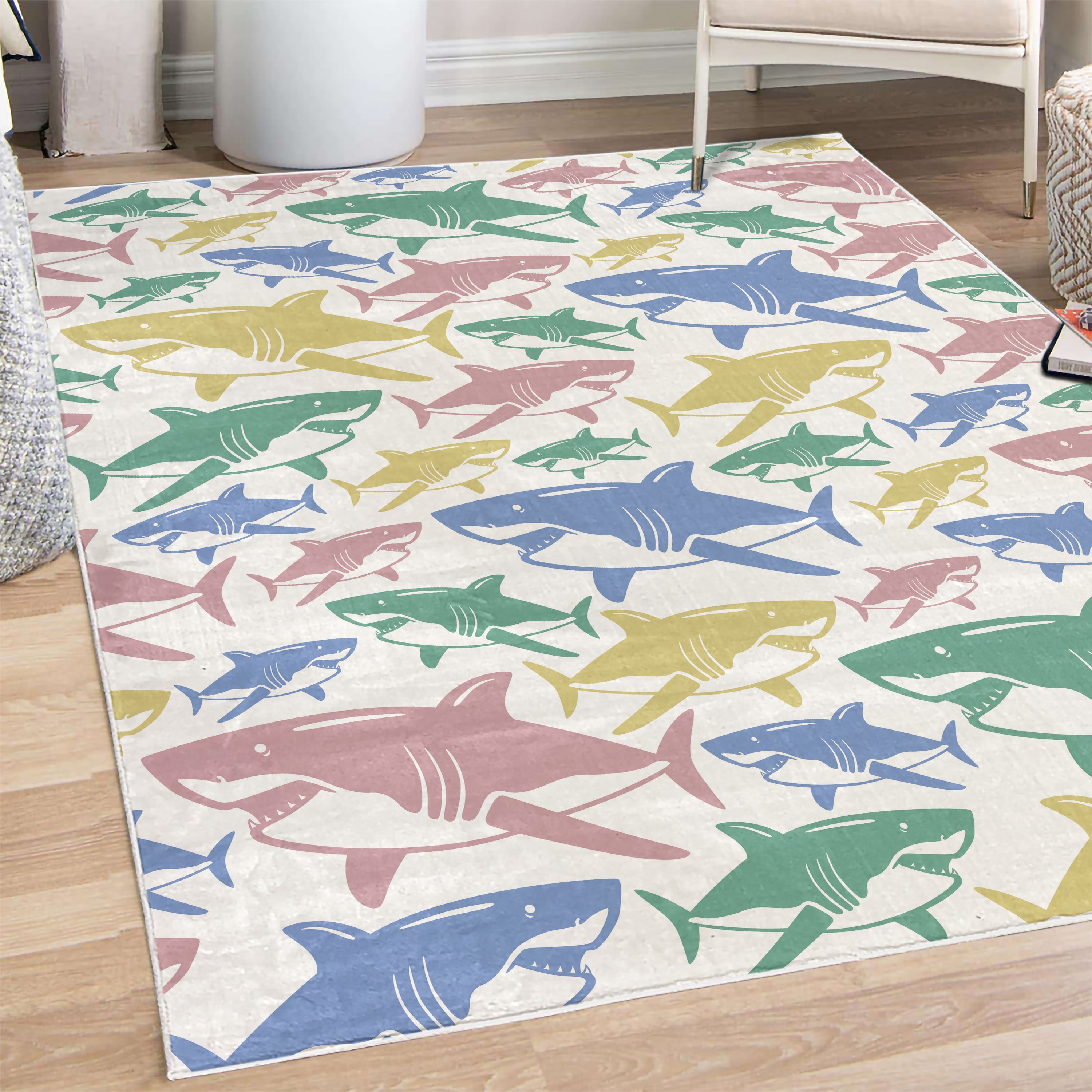 Shark Decorative Rug, Colorful Underwater Fish Pattern Masters Survival ...