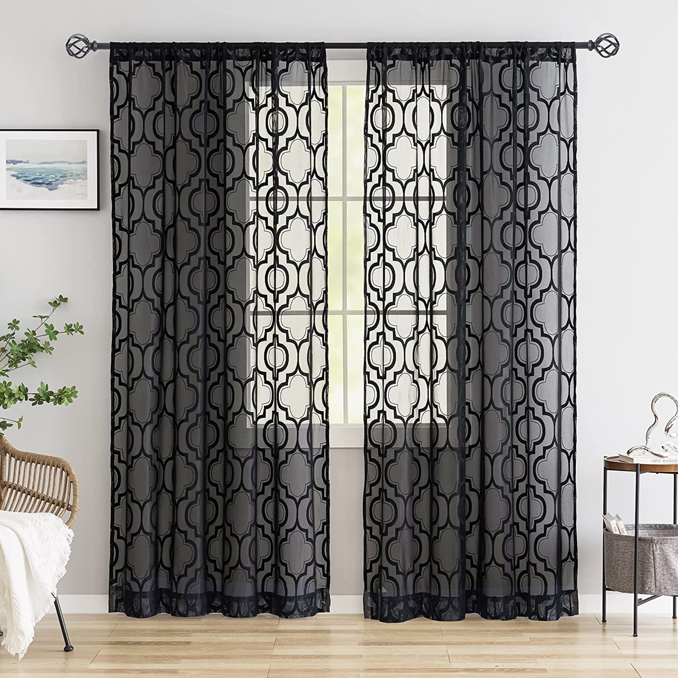 Junvictex Black Lace Sheer Curtains for Living Room Bedroom Classic ...