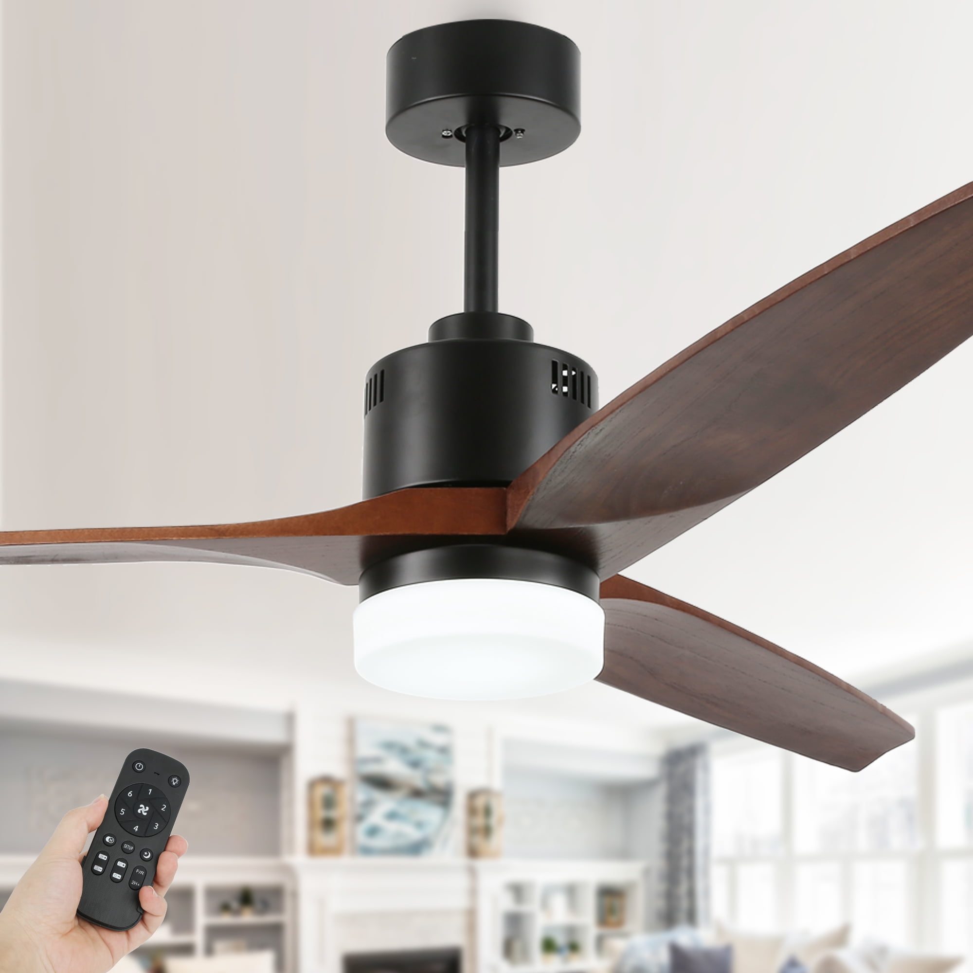 52" Black Classic Wood Reversible Ceiling Fan with Dimmable Light Kit ...