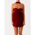 Burgundy Strapless Mini Dress With Choker Scarf, Ruched Bust And A-Line ...