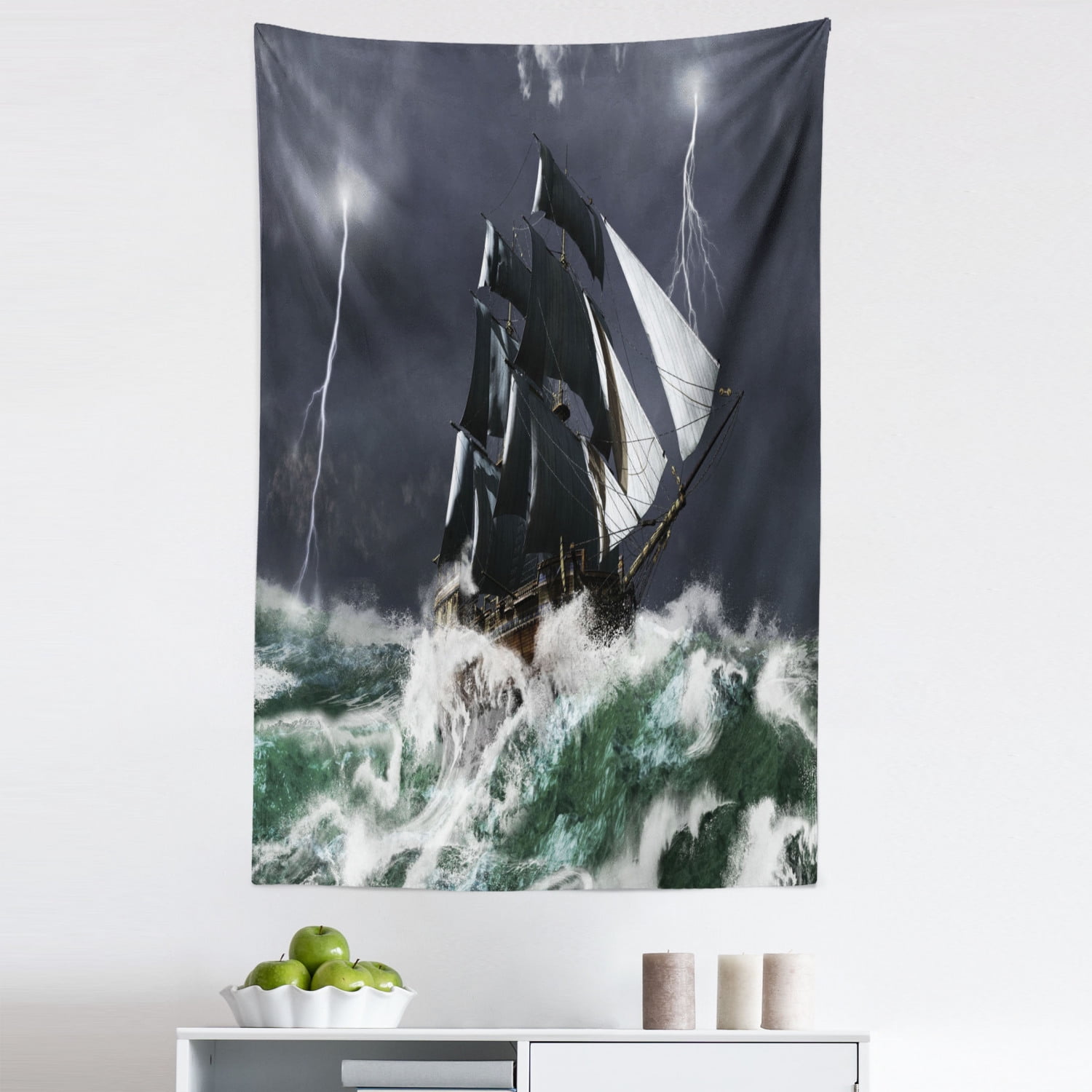 Nautical Tapestry, Big Ship on Wavy Ocean in a Stormy Weather with ...