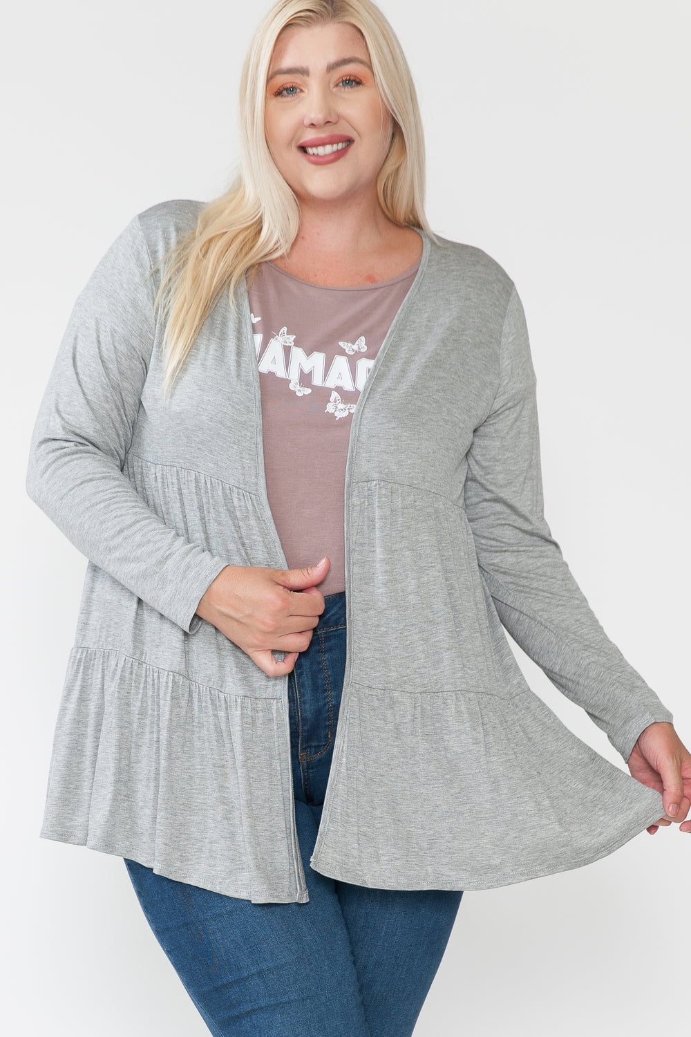 Women's Plus Size Solid Long Sleeve Front Open Tiered Cardigan ...