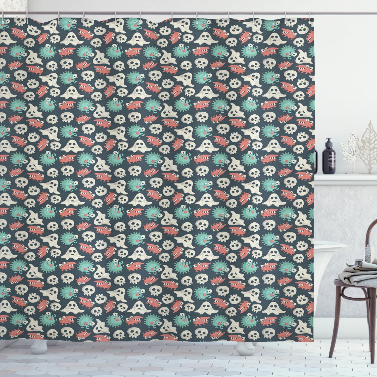 Ghost Shower Curtain, Pattern with Spooky Weird Monsters Ghosts and ...