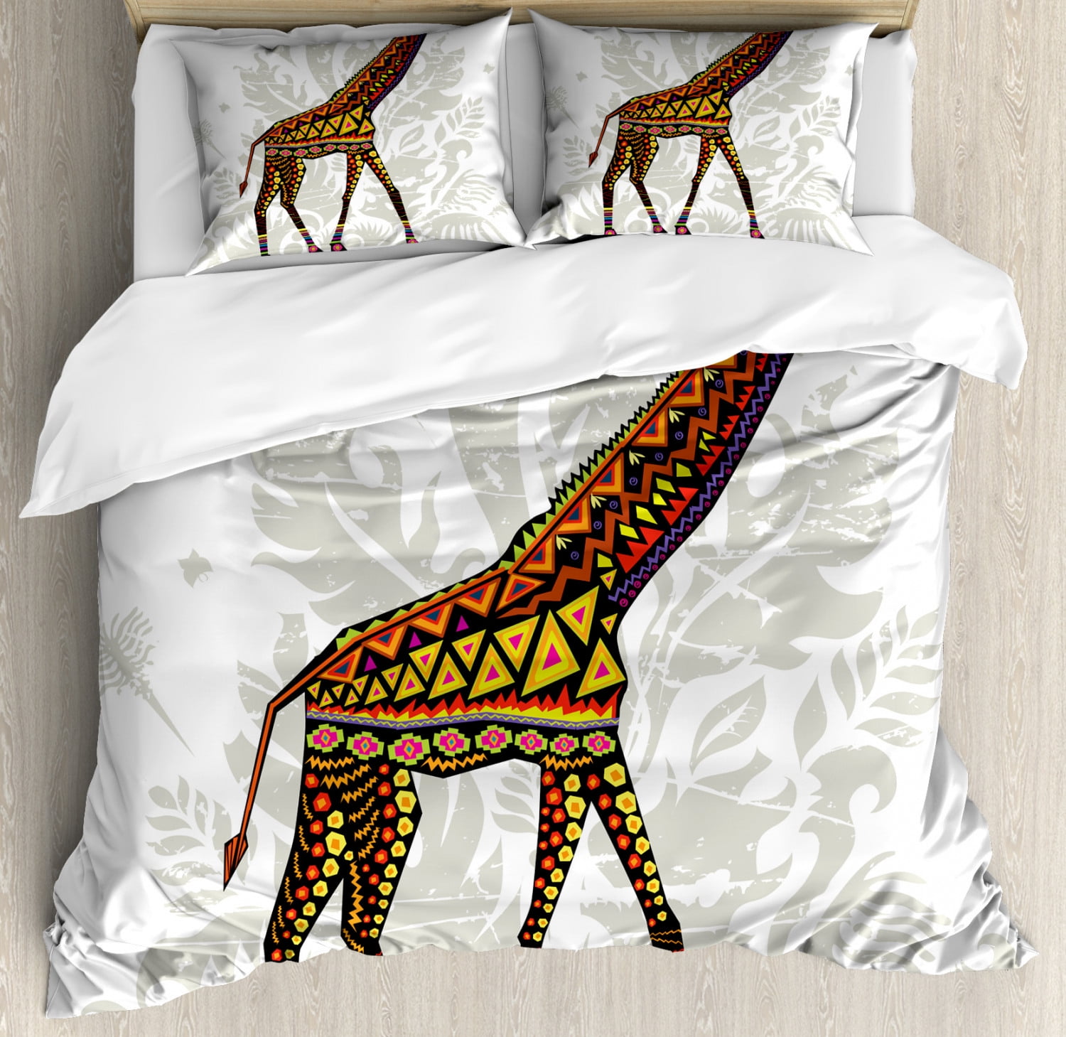 Batik Decor Queen Size Duvet Cover Set, African Savannah Animal Giraffe ...