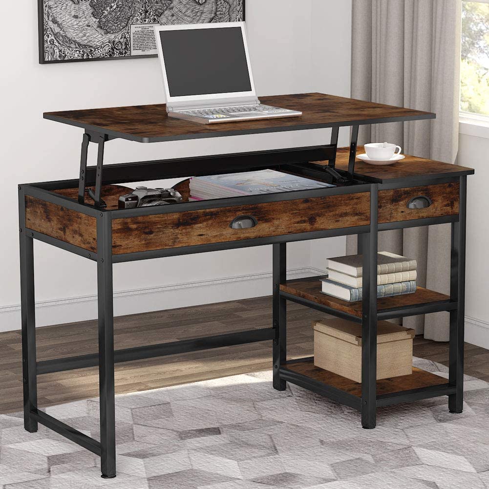 Lift Top Desk with Drawers, 47 inch Computer Desk with Shelves, Height ...
