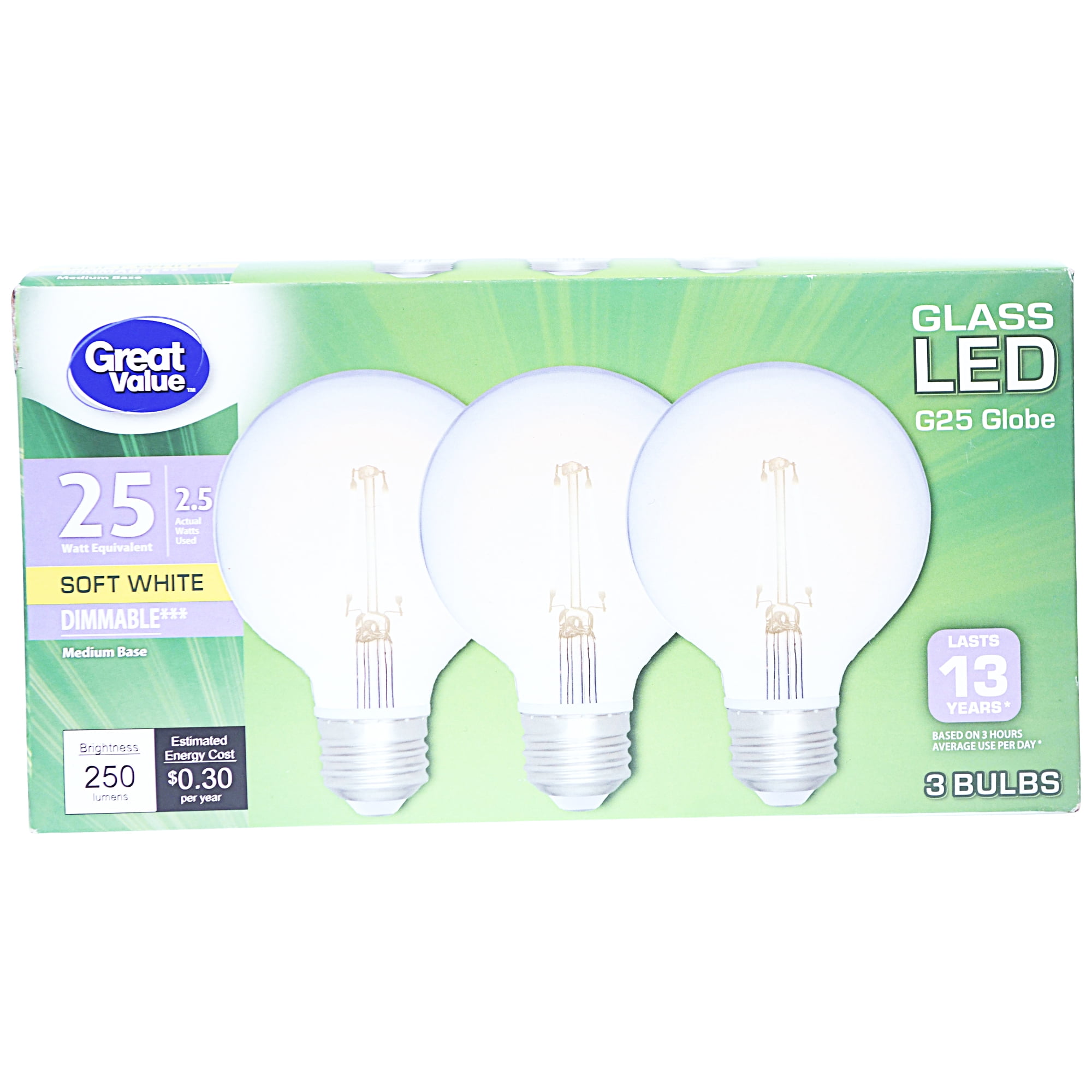 Great Value Glass LED Globe Light Bulbs, 25 Watt Equivalent, 2.5 Actual ... Great Value Glass LED Globe Light Bulbs, 25 Watt Equivalent, 2.5 Actual ...
