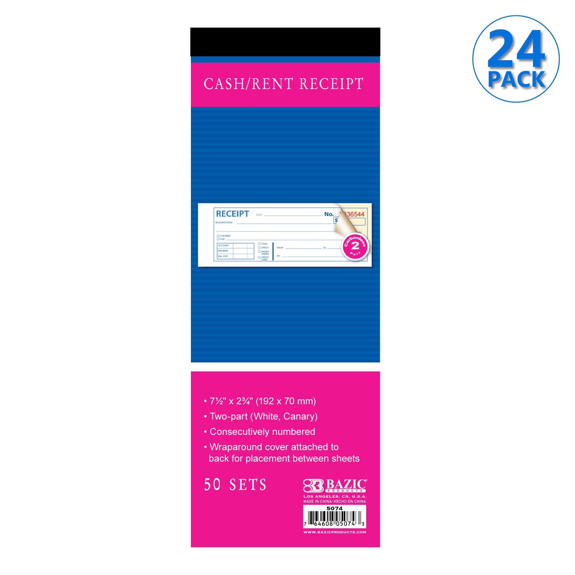 BAZIC Cash Money Rent Receipt Book, 50 Sets 7 1/2"x2 3/4" 2-Part ...