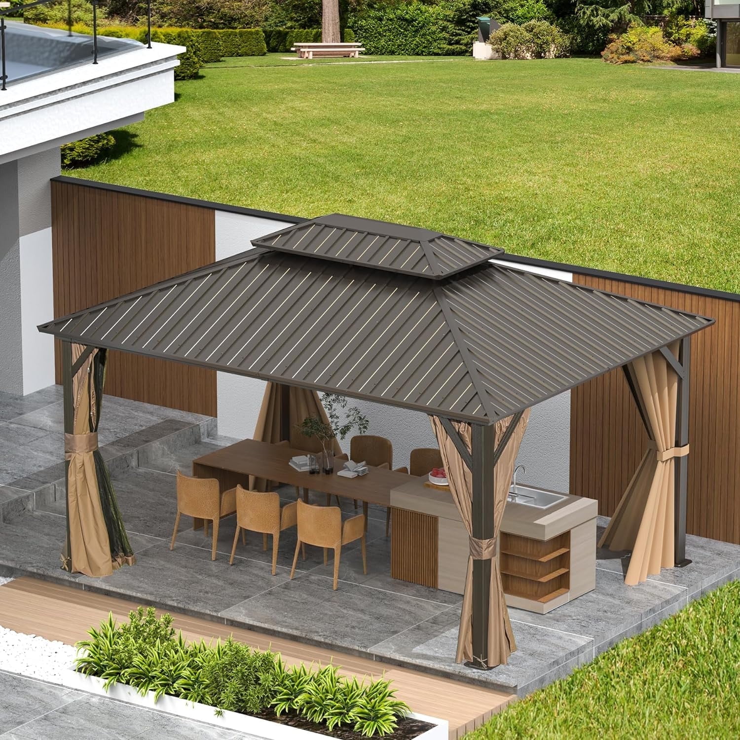 Domi Outdoor Gazebo à Toit Rigide 12x14 Pieds avec Toit Double en Acier ...
