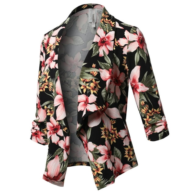 FashionOutfit Women's Stretch 3/4 Gathered Sleeve Open Blazer Jacket ...